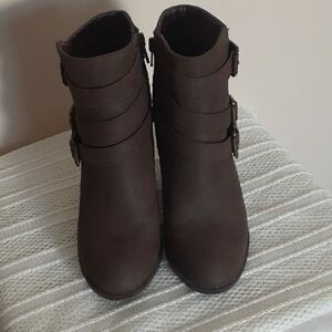 JustFab | Shoes | Justfab Dark Brown Heeled Boots With Buckles | Poshmark